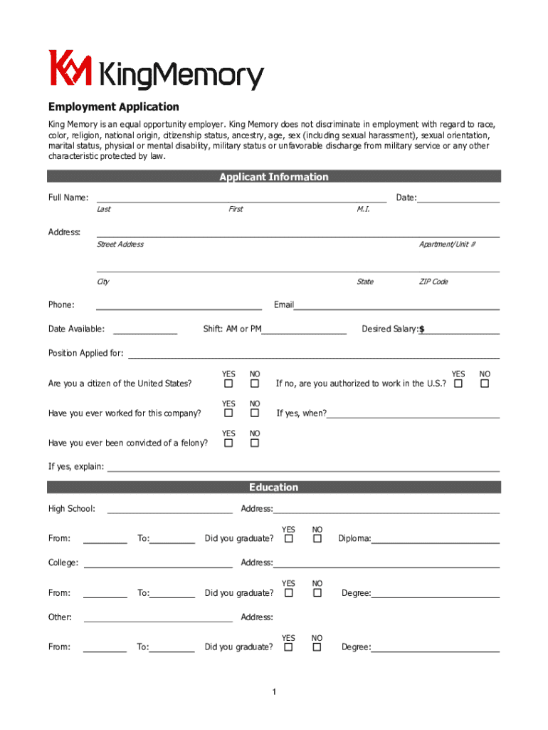 Fillable Online King Memory Employment Application Fax Email Print ...