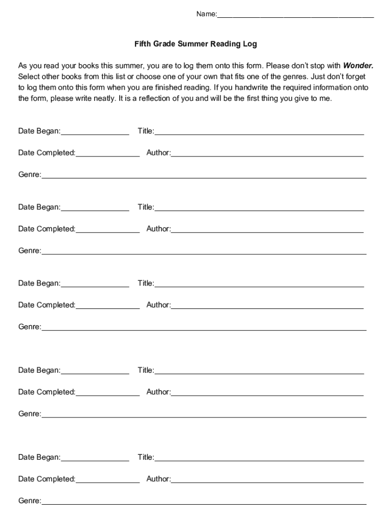 Fillable Online Fifth Grade Summer Reading Log Fax Email Print - pdfFiller
