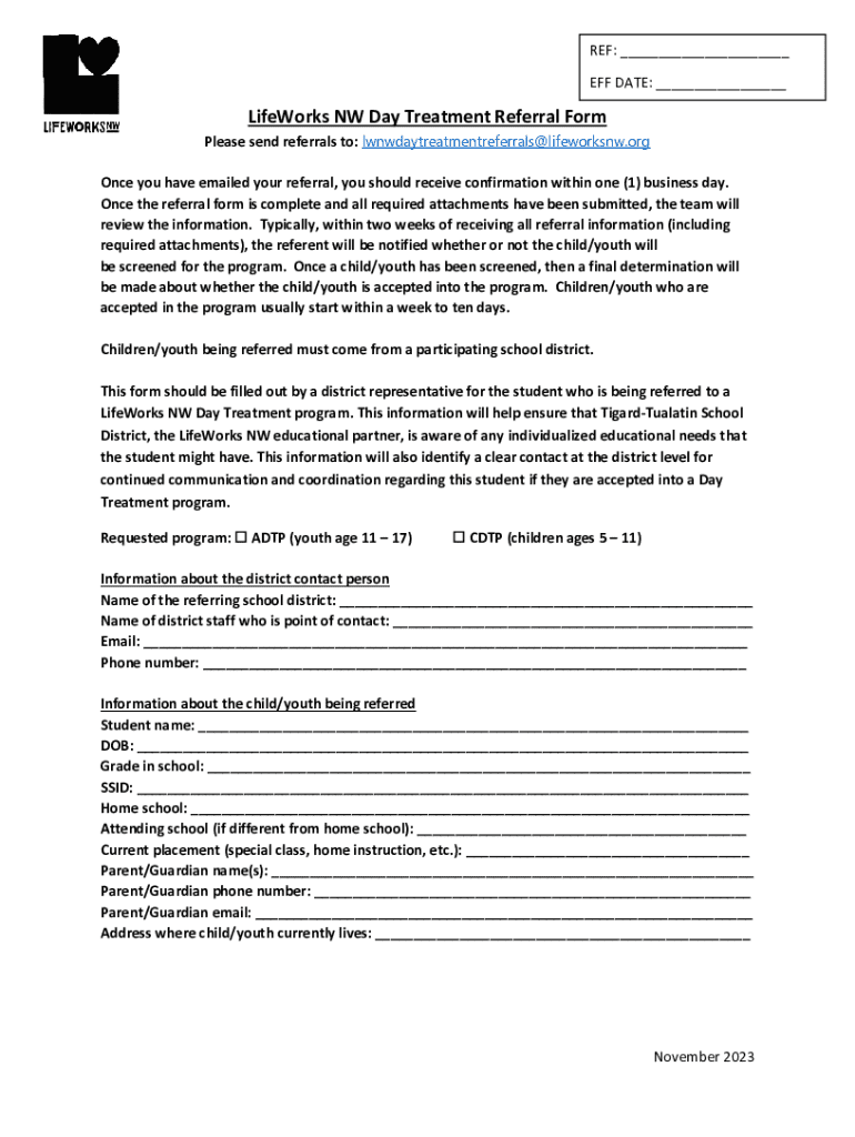 Fillable Online Lifeworks Nw Day Treatment Referral Form Fax Email ...