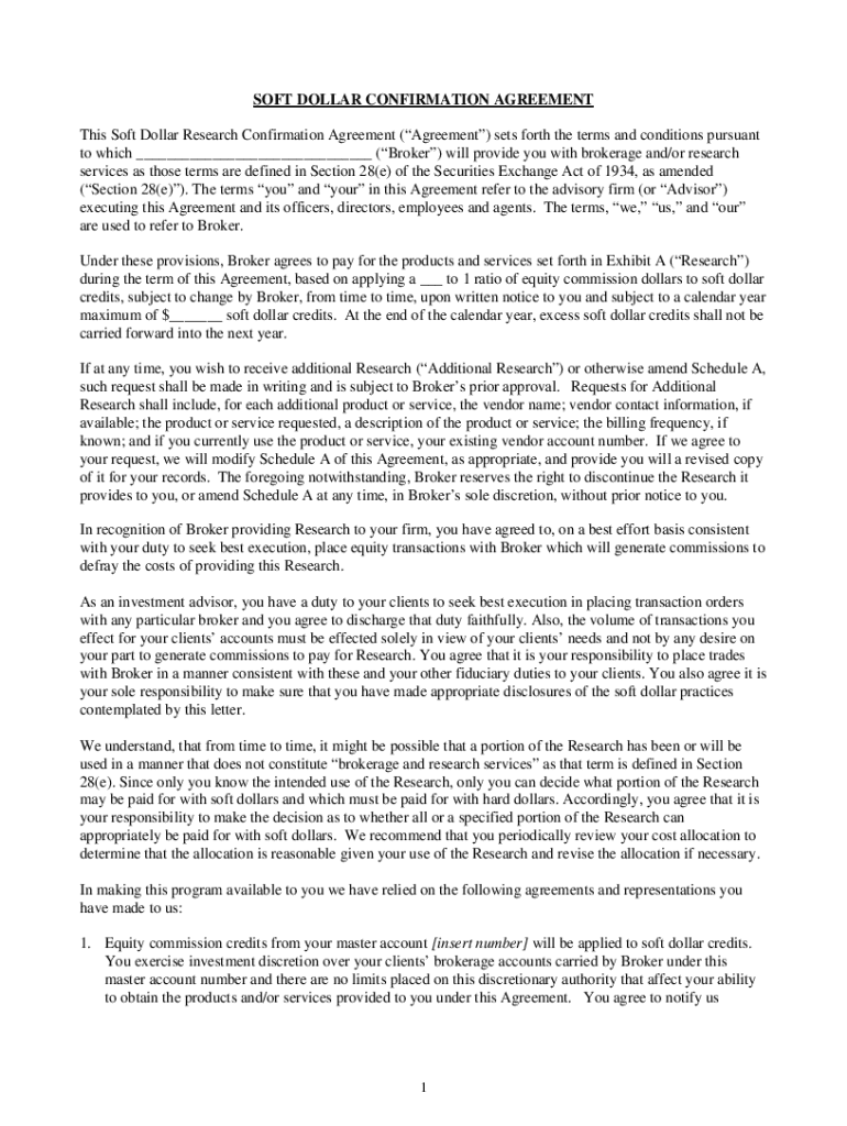 Fillable Online Soft Dollar Research Confirmation Agreement Fax Email ...