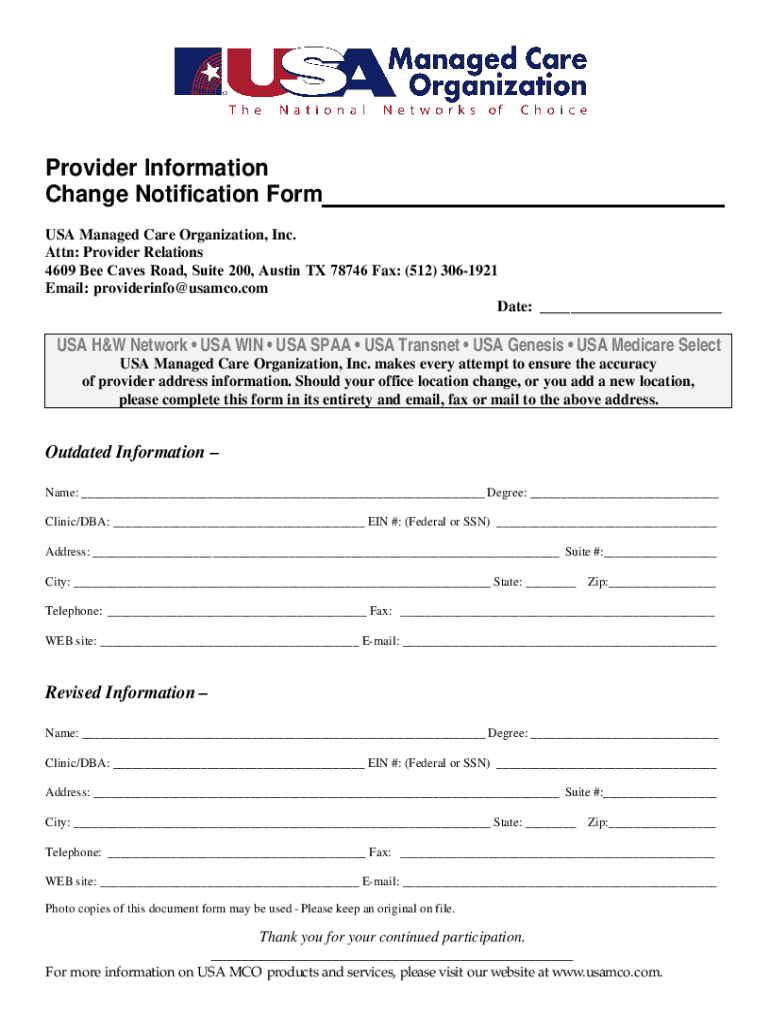 Fillable Online Provider Information Change Notification Fax Email ...
