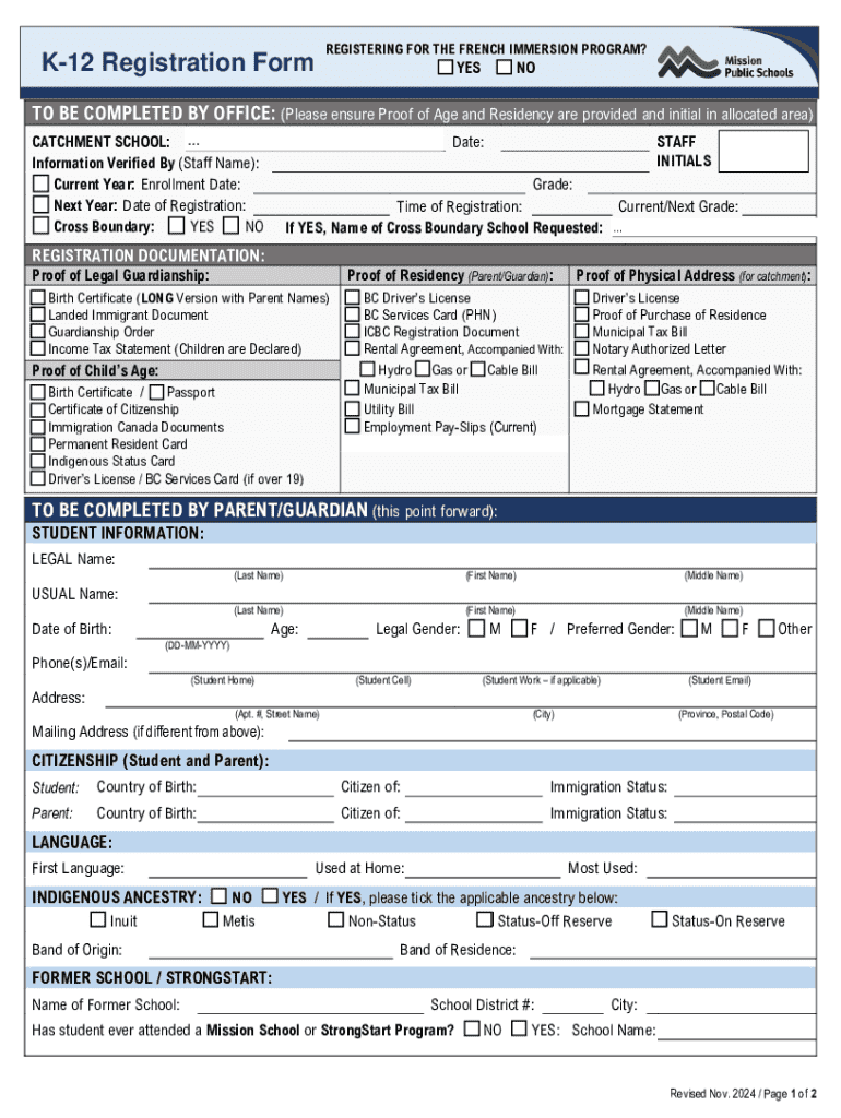 Fillable Online K-12 Registration Form for French Immersion Program Fax ...