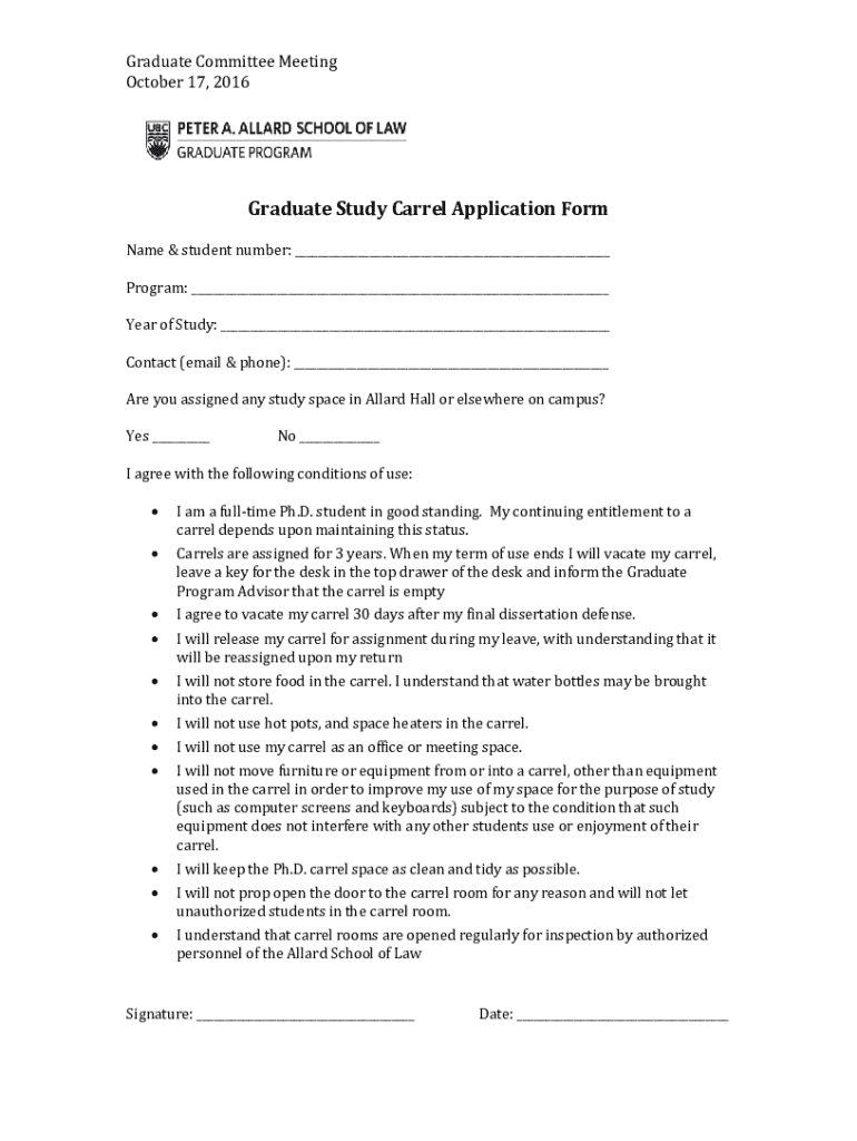 Fillable Online Graduate Study Carrel Application Fax Email Print - pdfFiller