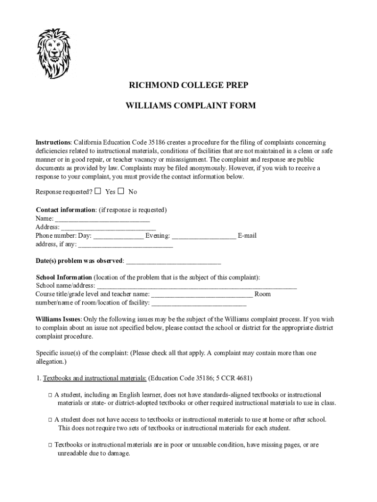 Fillable Online Richmond College Prep Williams Complaint Form Fax Email Print - pdfFiller