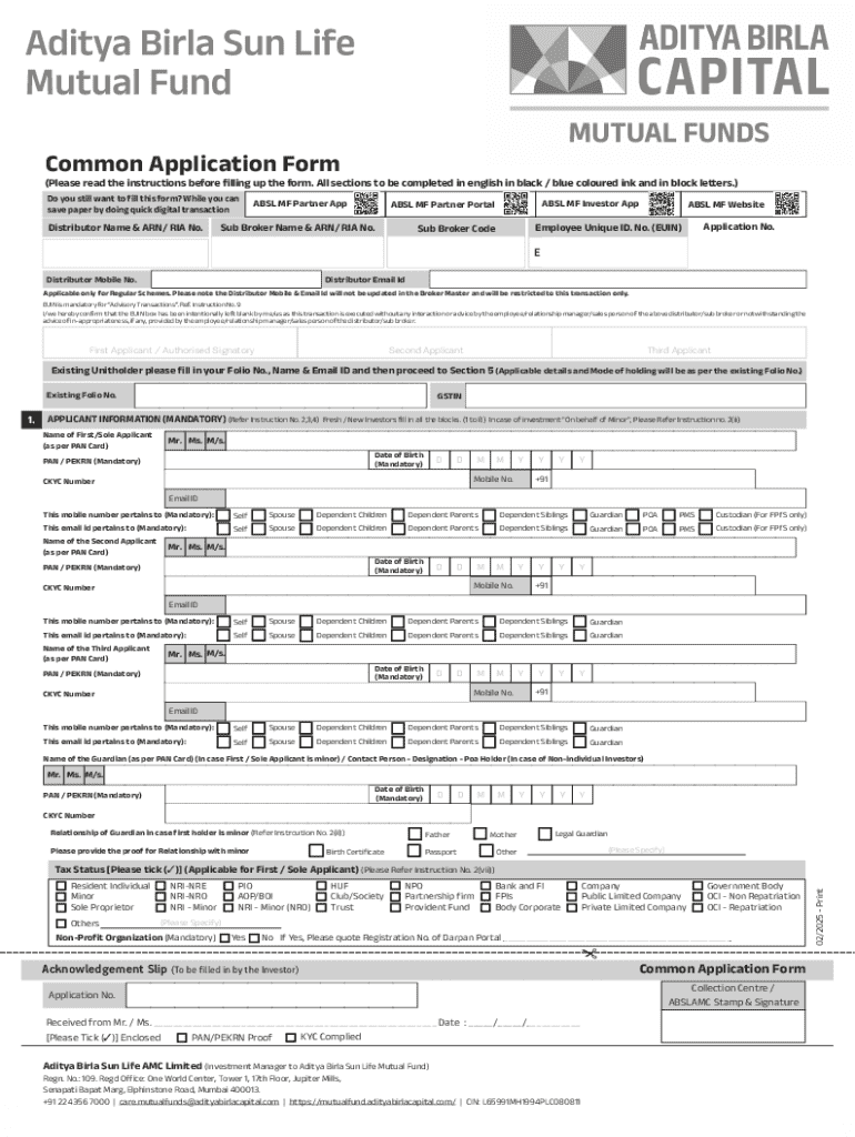 Fillable Online Common Application Form for Aditya Birla Sun Life Mutual Fund Fax Email Print ...
