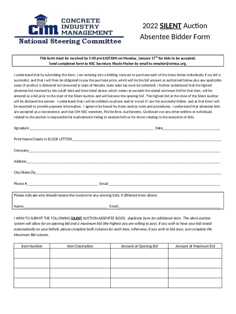 2022 Silent Auction Absentee Bidder Doc Template | pdfFiller