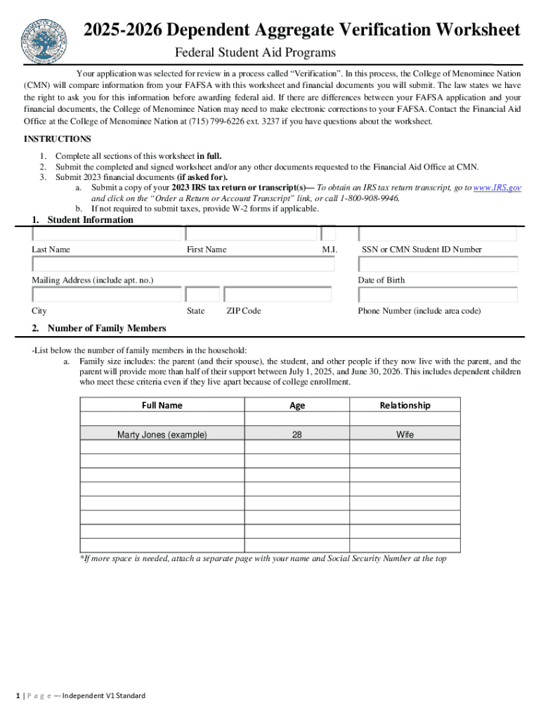 Fillable Online Dependent Aggregate Verification Worksheet Fax Email Print - pdfFiller