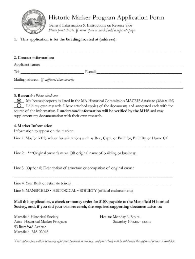 Fillable Online Historic Marker Program Application Fax Email Print ...