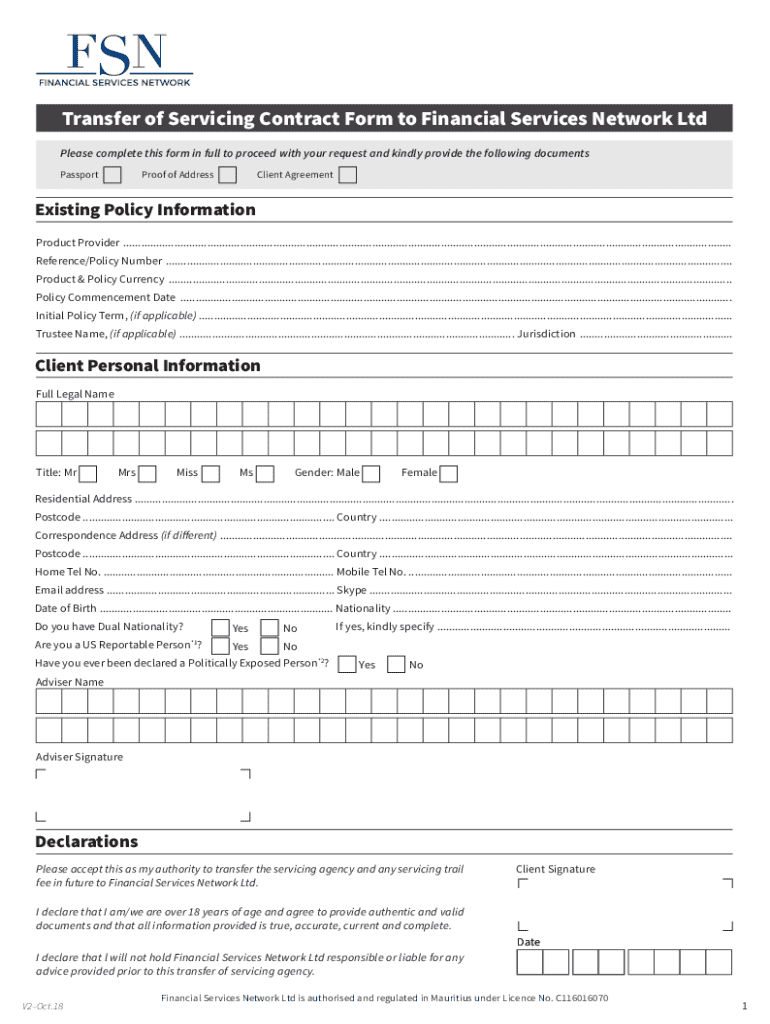 Fillable Online Transfer of Servicing Contract Form to Financial ...