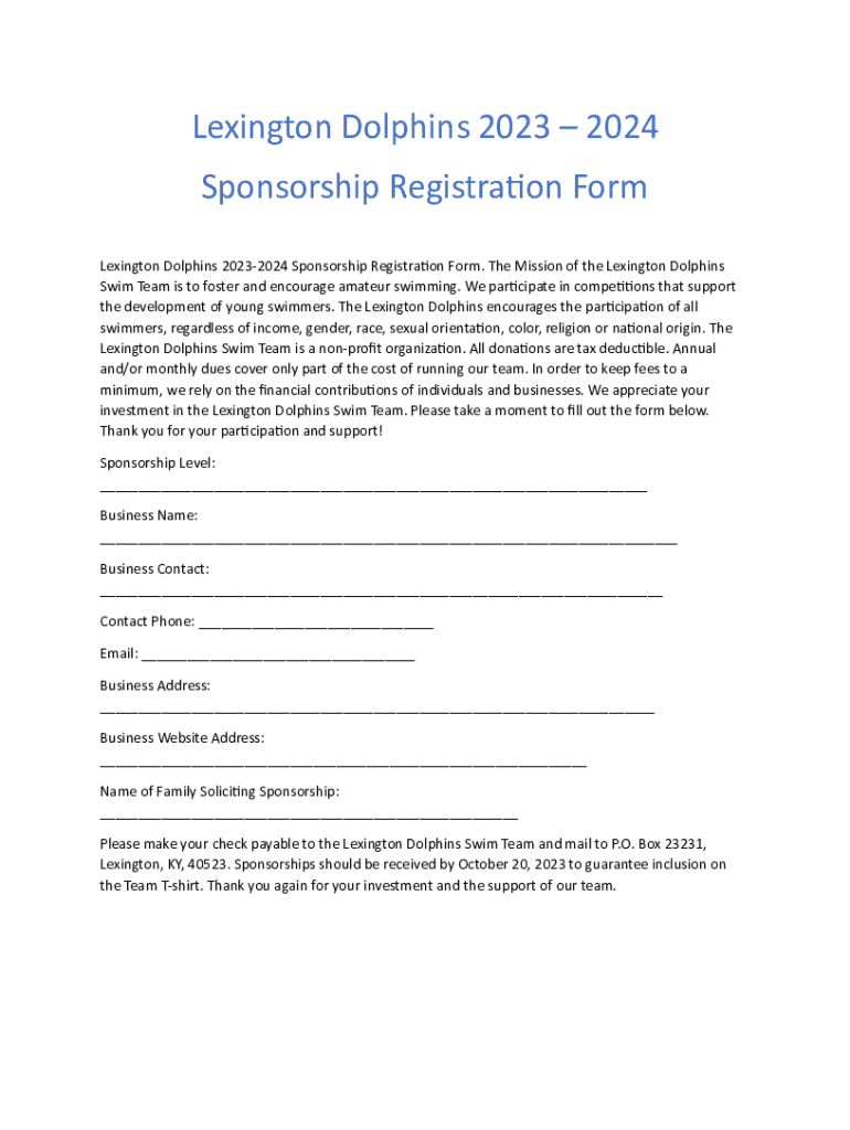 Fillable Online Lexington Dolphins 2023-2024 Sponsorship Registration Form Fax Email Print ...