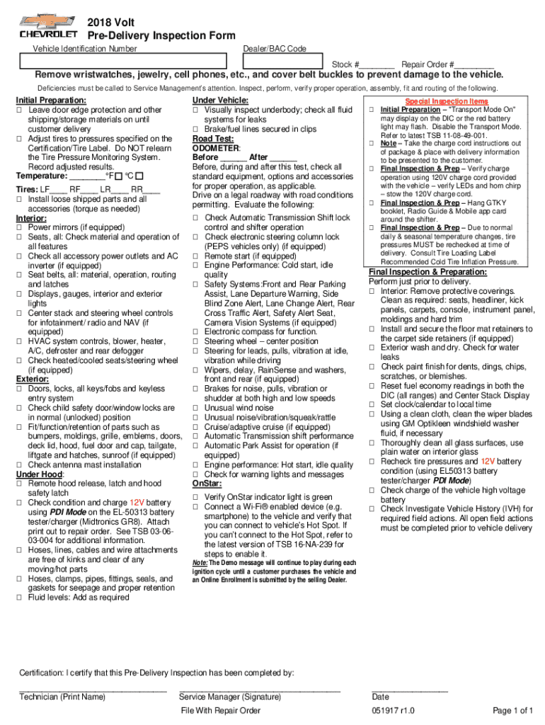 Fillable Online 2018 Volt Pre-delivery Inspection Fax Email Print ...