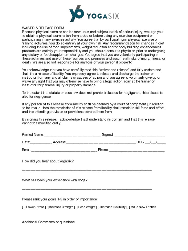 Fillable Online Waiver & Release Agreement for Physical Activity Fax ...