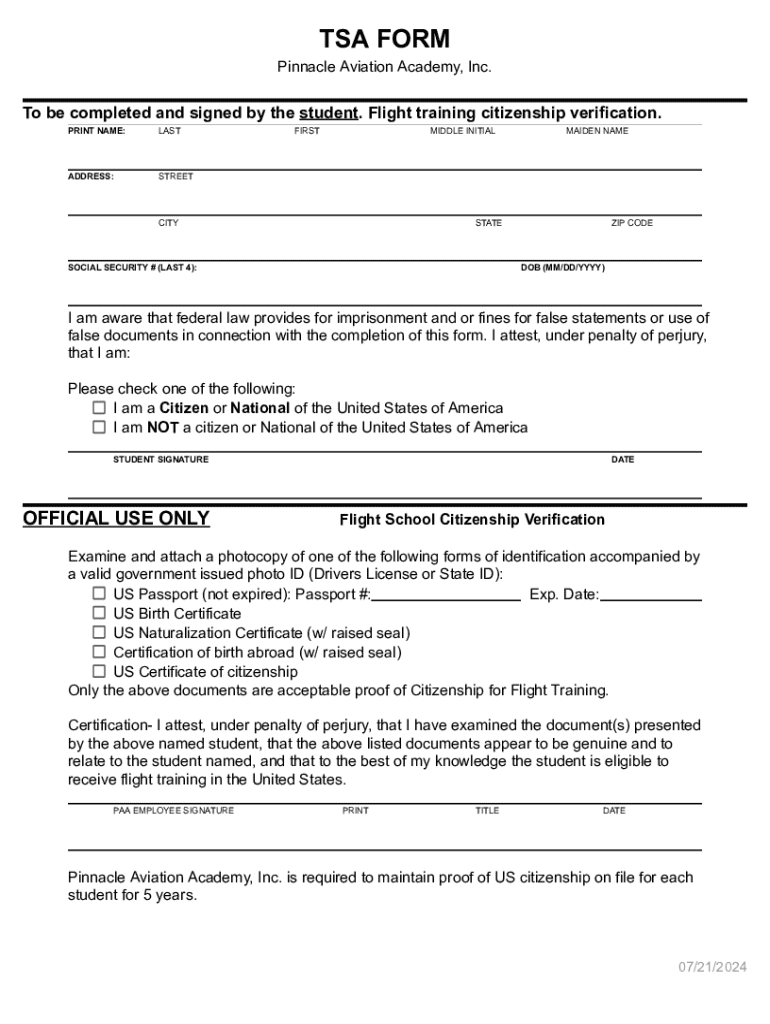 Fillable Online Flight Training Citizenship Verification Fax Email ...