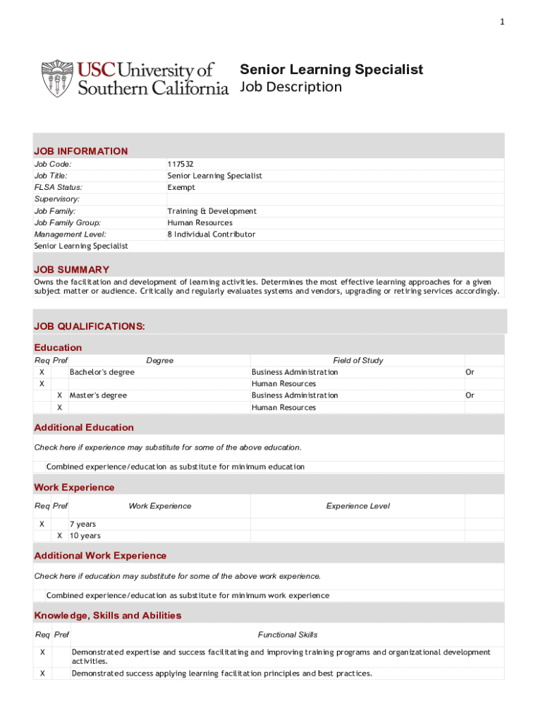 Fillable Online Senior Learning Specialist Job Description Fax Email ...