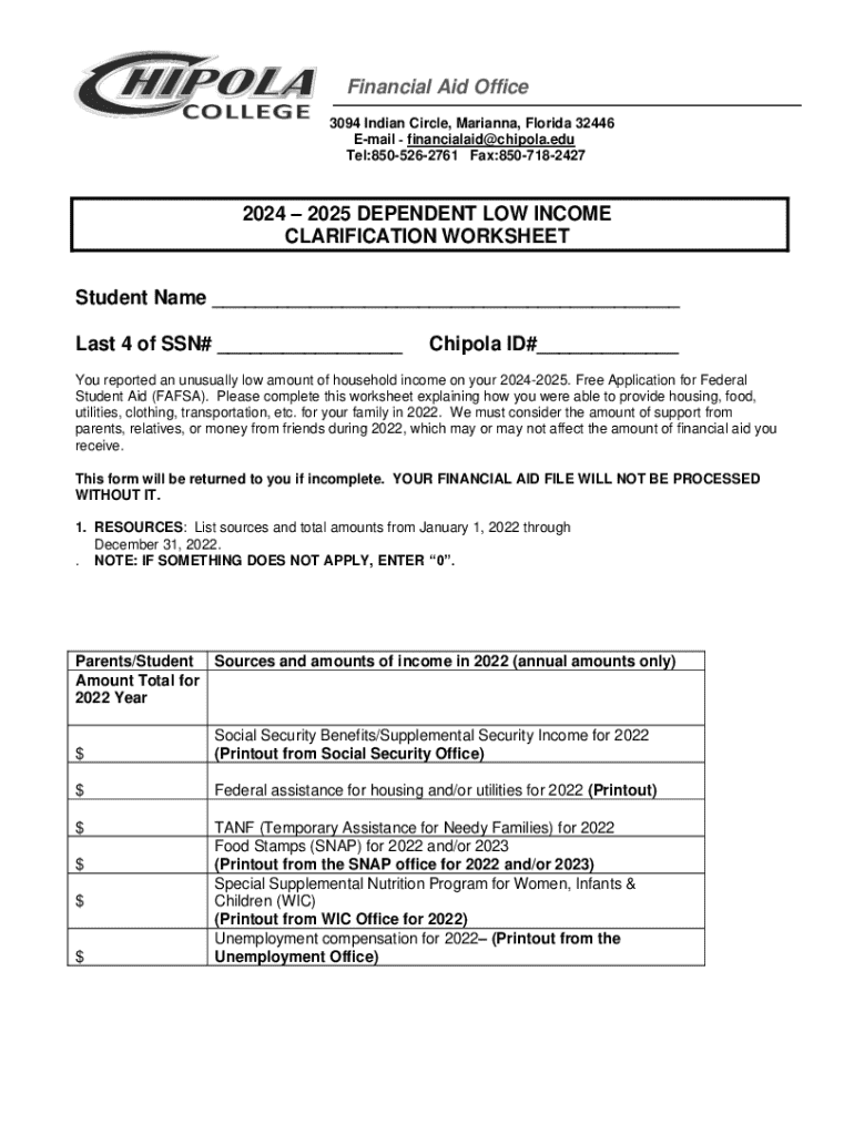 Fillable Online Dependent Low Income Clarification Worksheet Fax Email Print - pdfFiller