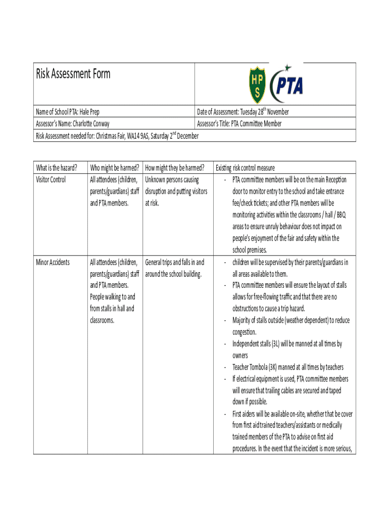 Fillable Online Risk Assessment for Christmas Fair Fax Email Print ...