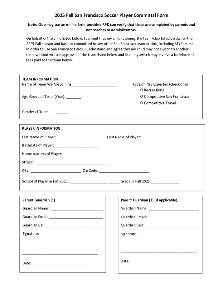 Fillable Online 2025 Fall San Francisco Soccer Player Committal Form ...