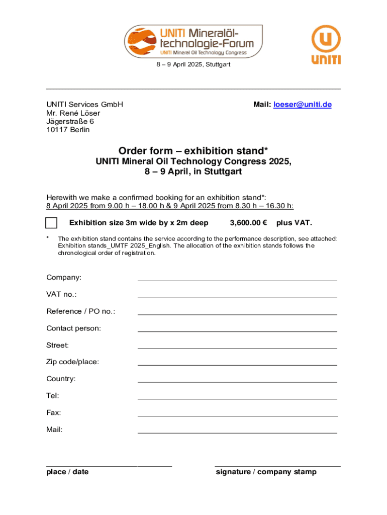 Fillable Online Exhibition Stand Booking for Uniti Mineral Oil Technology Congress 2025 Fax ...