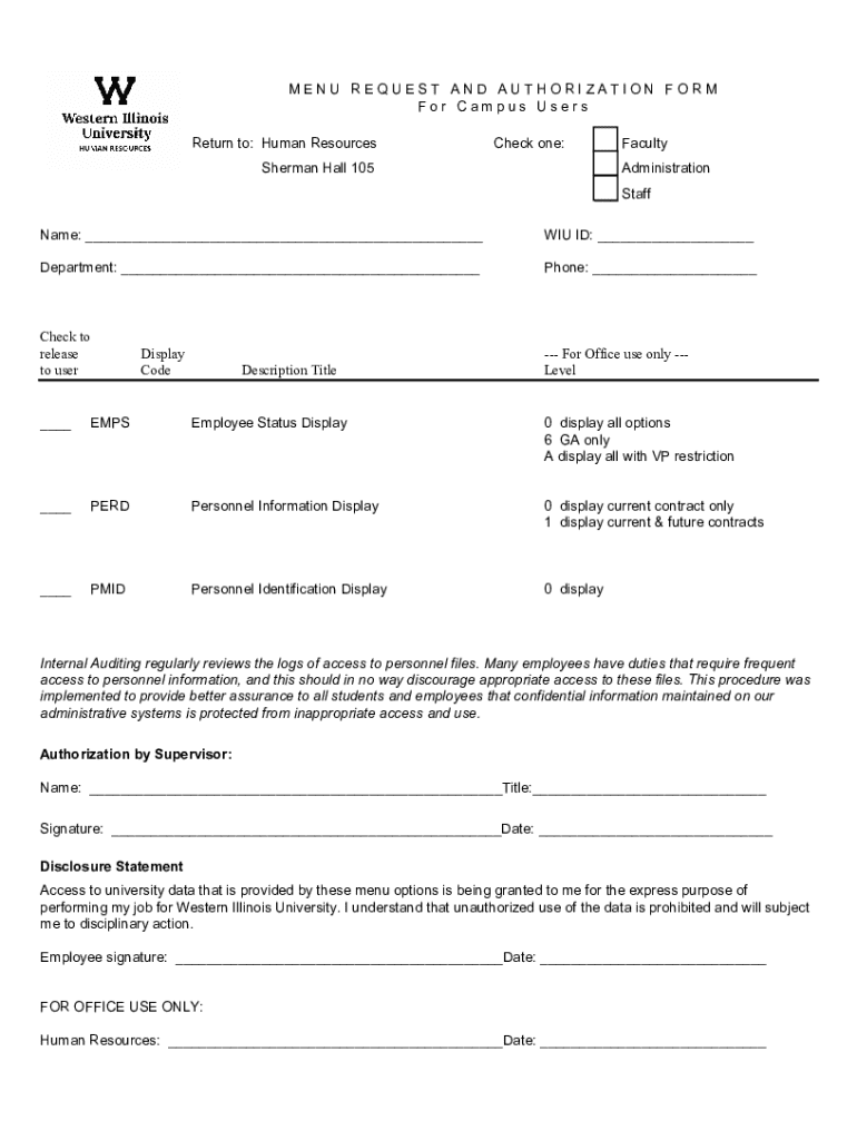 Fillable Online Menu Request and Authorization Form for Campus Users Fax Email Print - pdfFiller