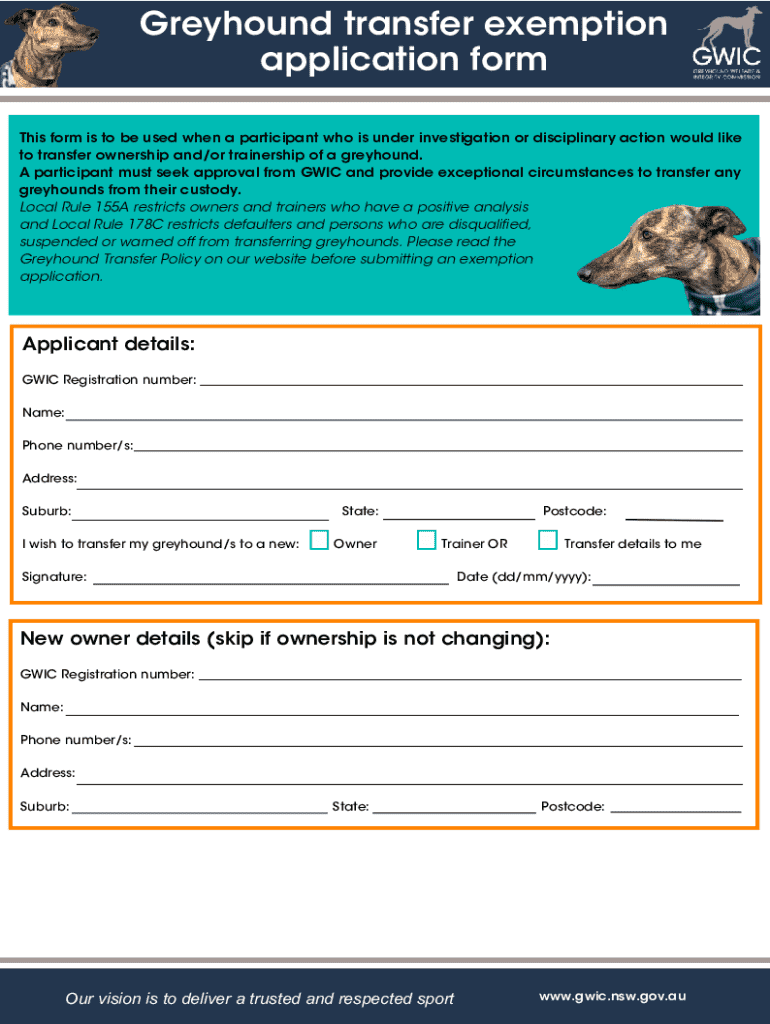 Fillable Online Greyhound Transfer Exemption Application Form Fax Email Print - pdfFiller