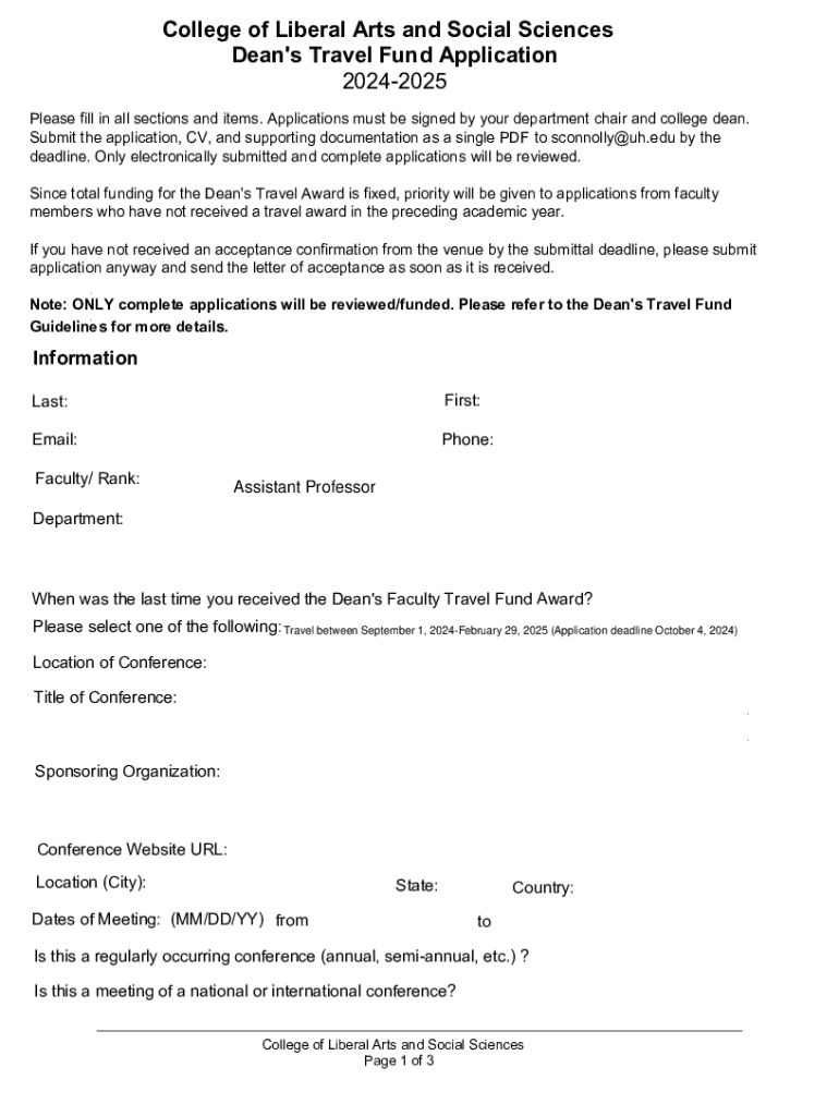 Dean's Travel Fund Application - Blank Fillable Template | Fill Out ...