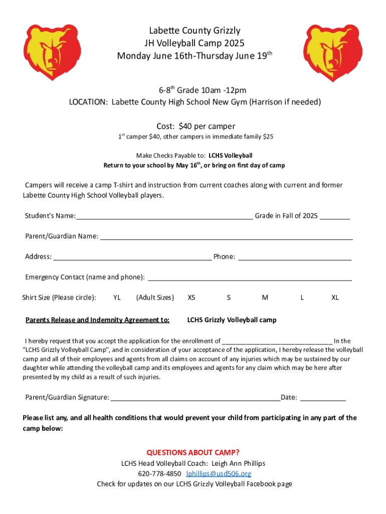 Fillable Online Jh Volleyball Camp 2025 Fax Email Print - pdfFiller