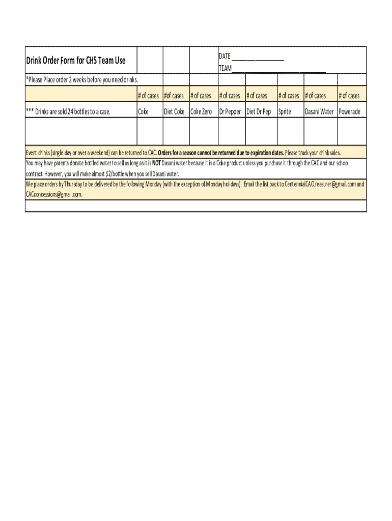Fillable Online Drink Order Form for Chs Team Use Fax Email Print ...