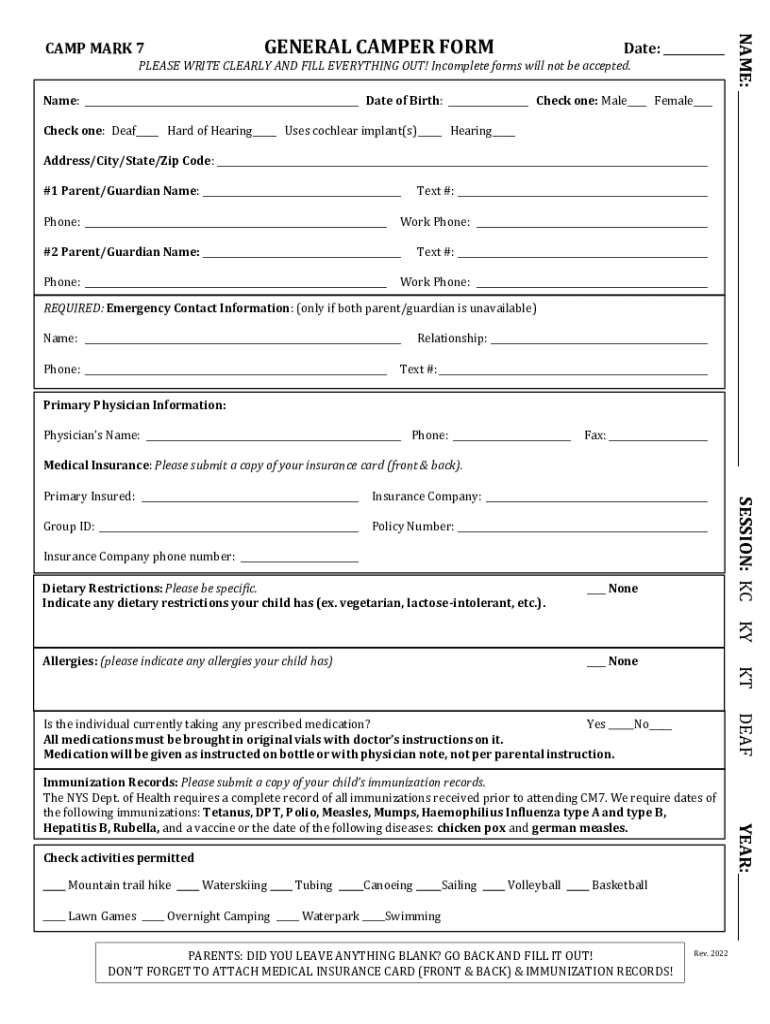 Fillable Online Camp Mark 7 Camper Information Fax Email Print - pdfFiller