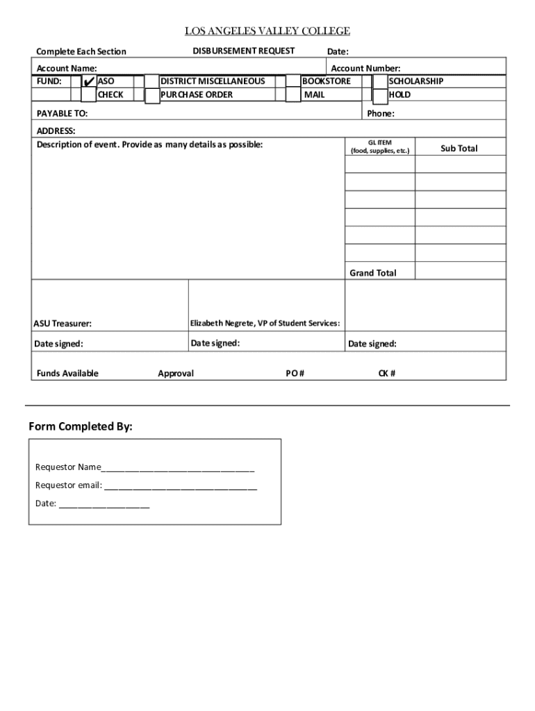 Fillable Online Los Angeles Valley College Disbursement Request Fax ...