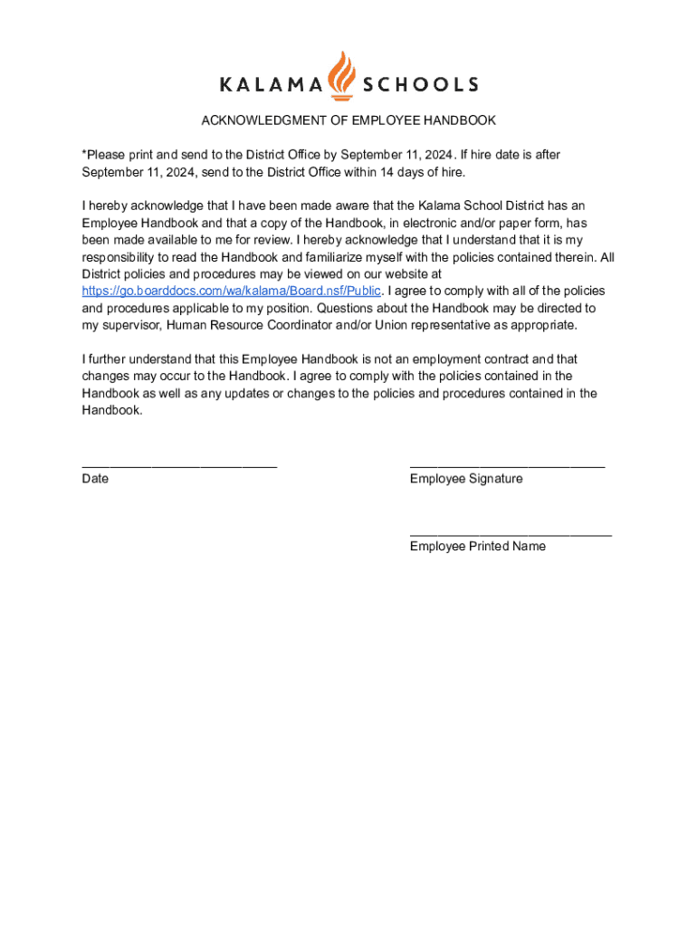 Fillable Online Acknowledgment of Employee Handbook Fax Email Print - pdfFiller