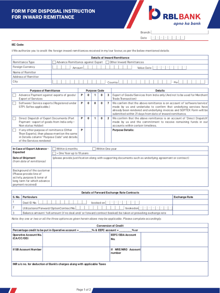 Fillable Online Form for Disposal Instruction for Inward Remittance Fax ...