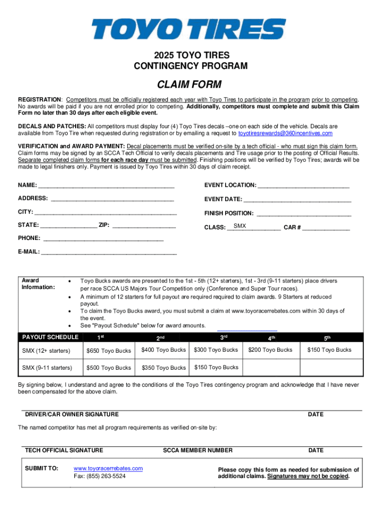 Fillable Online Toyo Tires Contingency Program Claim Form Fax Email ...