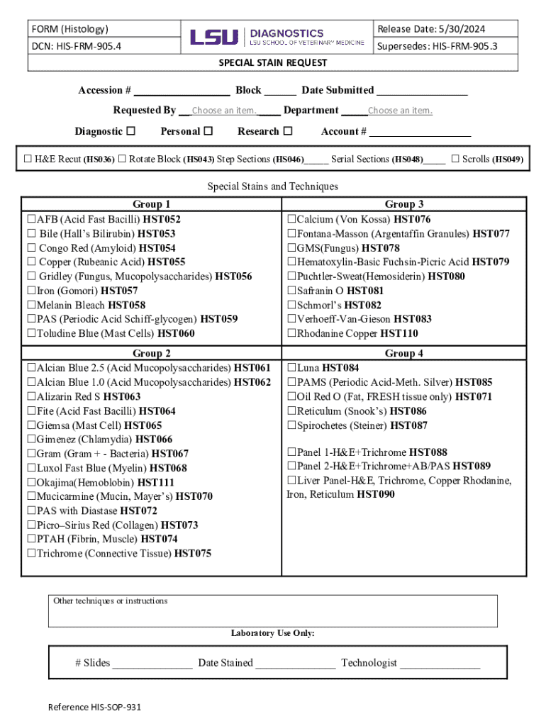 Fillable Online Special Stain Request Fax Email Print - pdfFiller