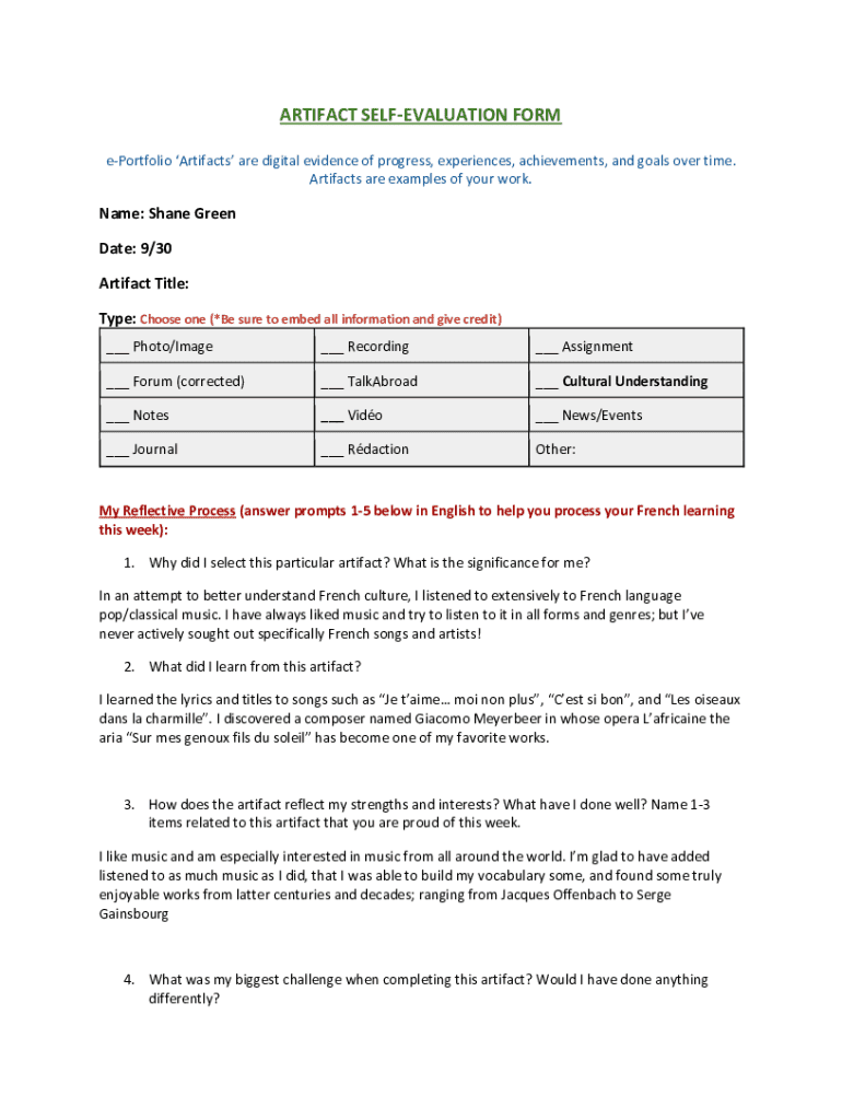 Fillable Online Artifact Self-evaluation Fax Email Print - pdfFiller