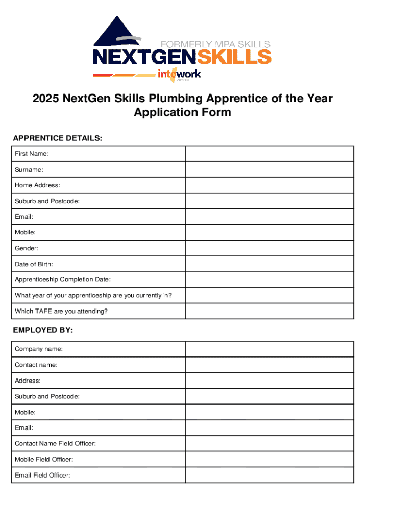 Fillable Online 2025 Nextgen Skills Plumbing Apprentice of the Year Fax ...