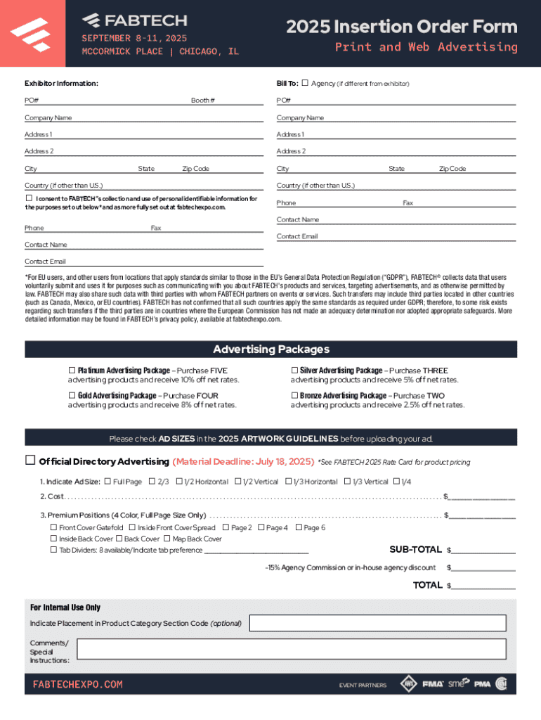 Fillable Online 2025 Insertion Order Form for Fabtech Fax Email Print ...