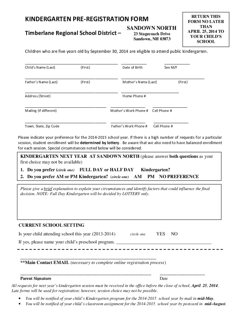 Fillable Online Kindergarten Pre-registration Form Fax Email Print ...