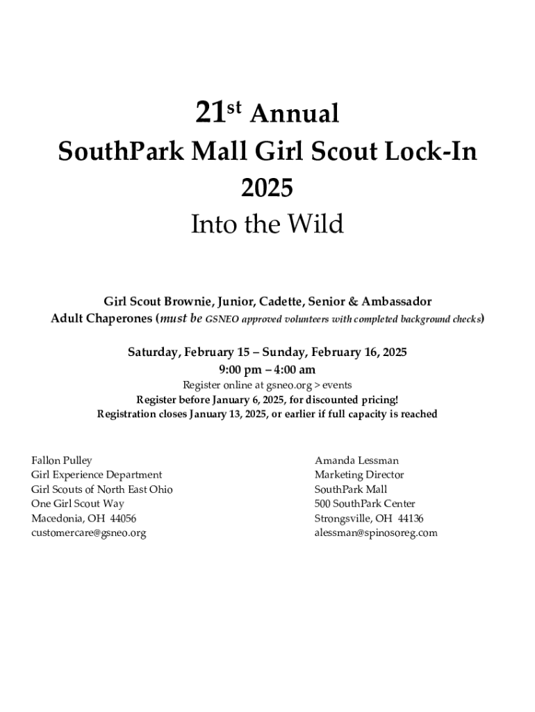 Fillable Online 21st Annual Southpark Mall Girl Scout Lock-in Fax Email ...