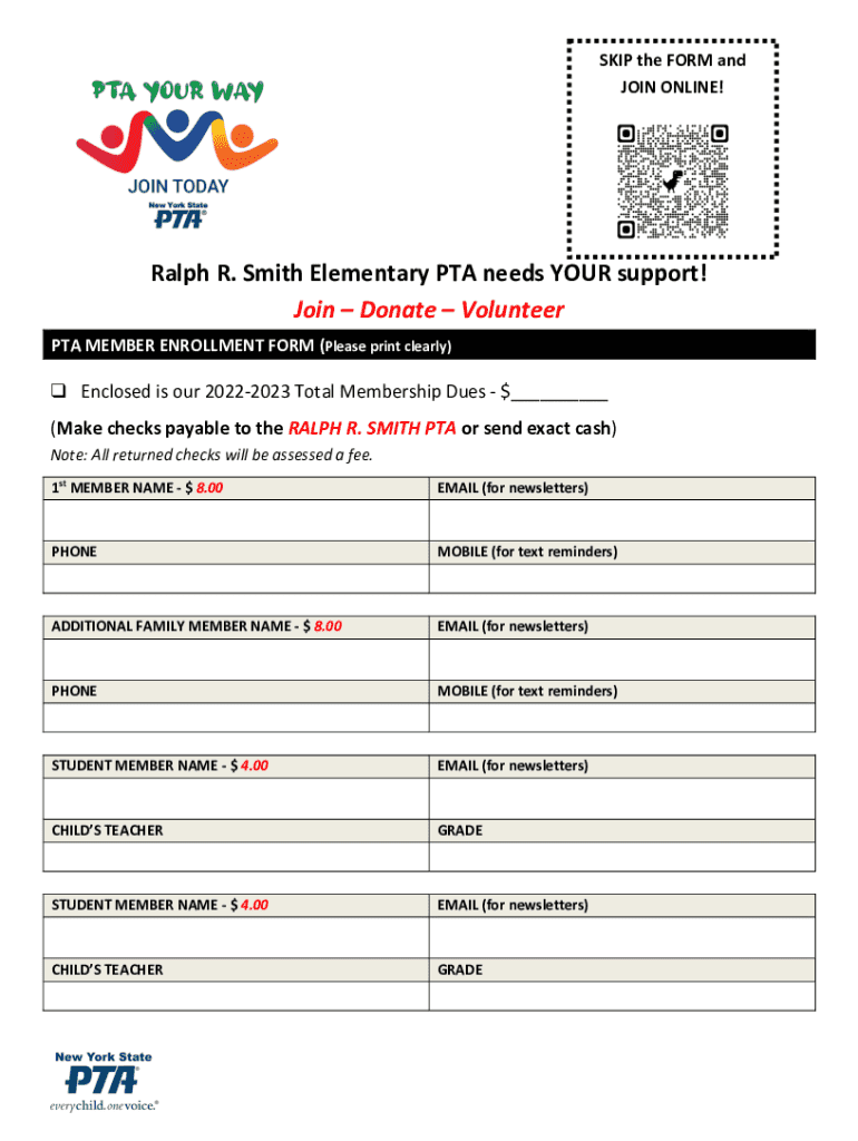Fillable Online Ralph R. Smith Elementary Pta Membership Enrollment Fax Email Print - pdfFiller