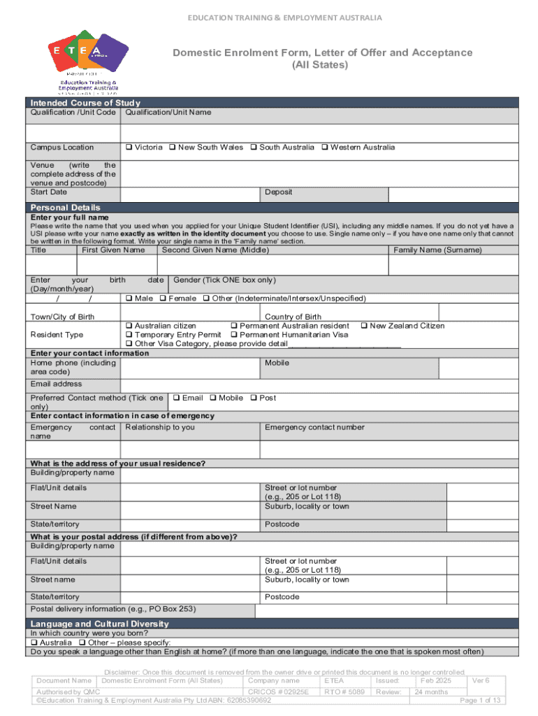 Fillable Online Domestic Enrolment Form, Letter of Offer and Acceptance ...