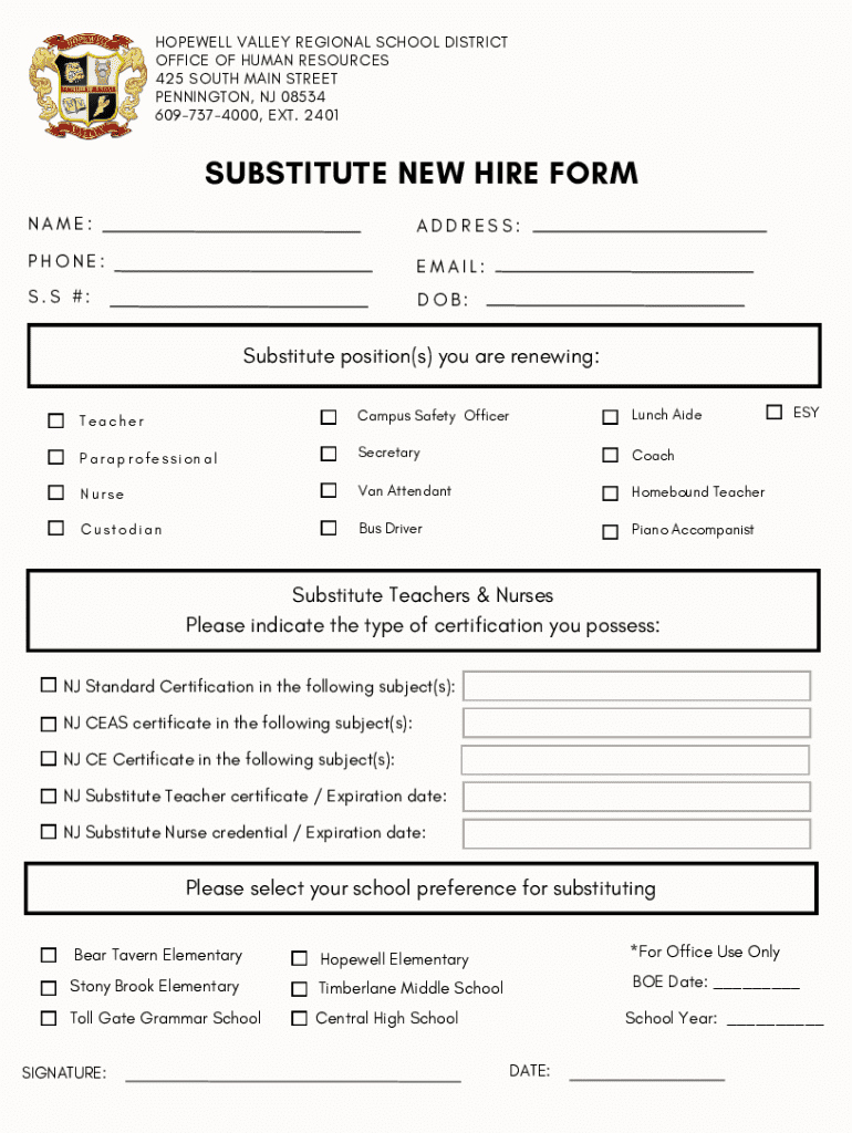 Fillable Online Substitute New Hire Form Fax Email Print - pdfFiller