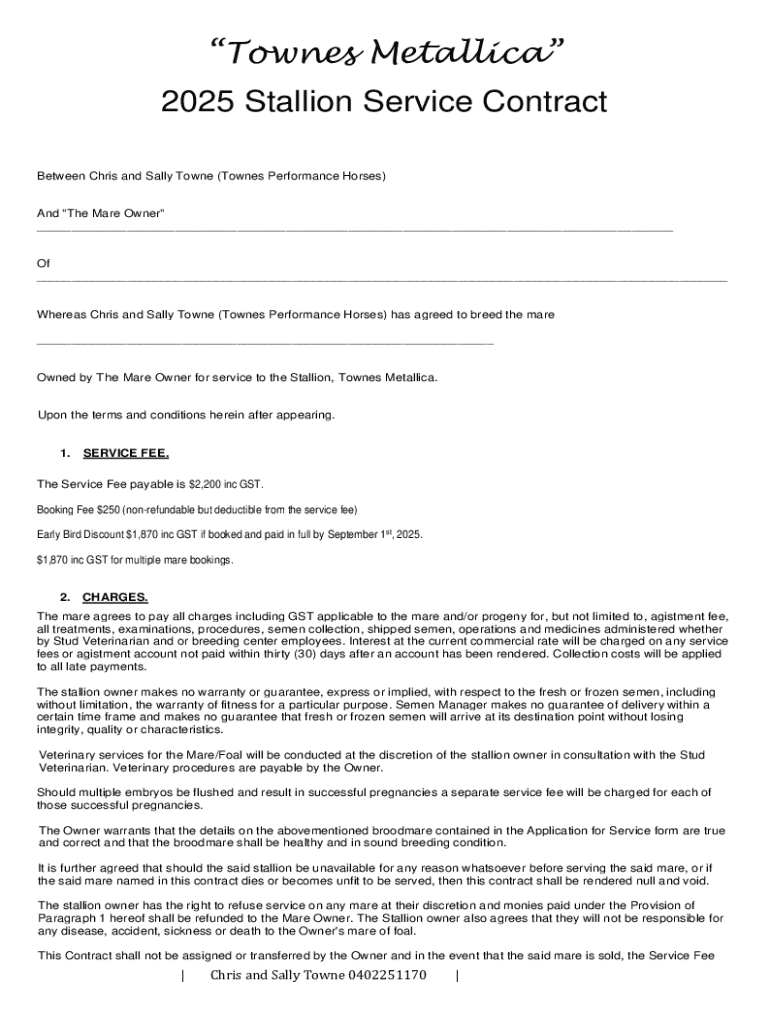 Fillable Online Townes Metallica Stallion Service Agreement Fax Email ...