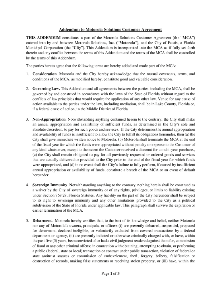 Fillable Online Addendum to Motorola Solutions Customer Agreement Fax ...