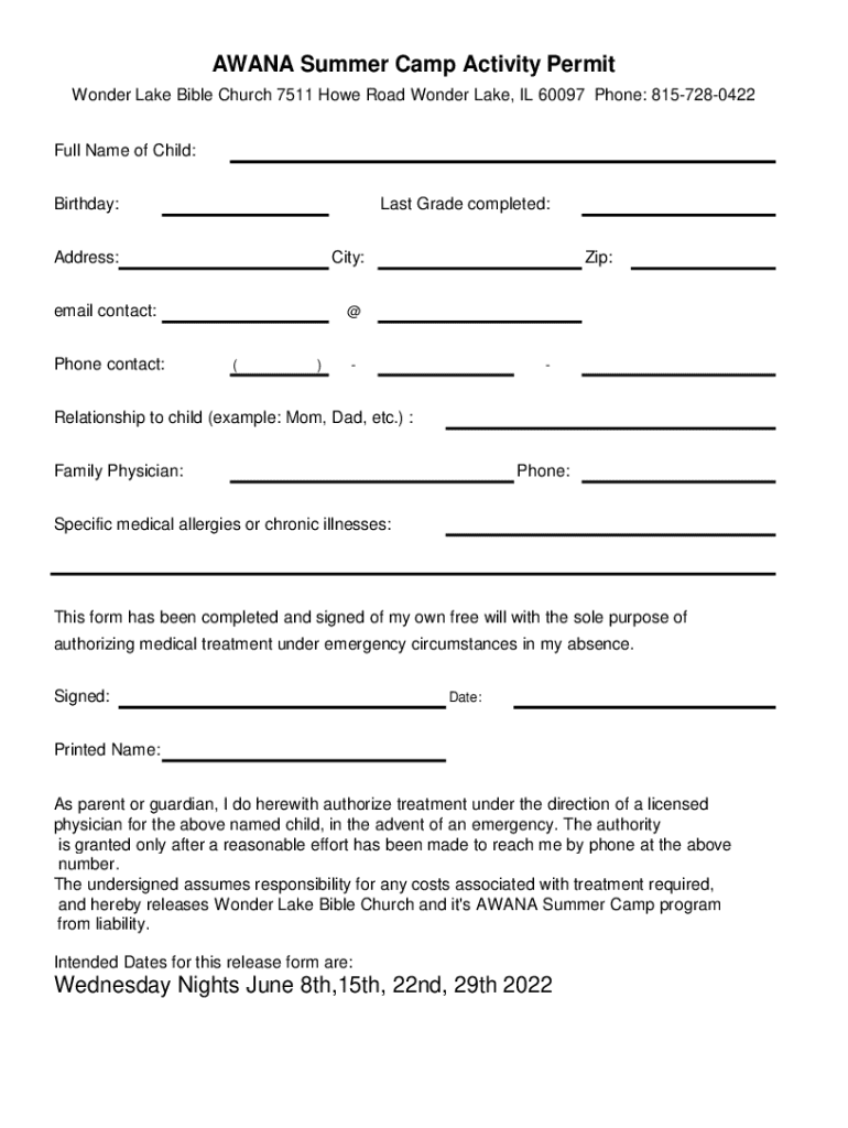 Fillable Online Awana Summer Camp Activity Permit Fax Email Print ...