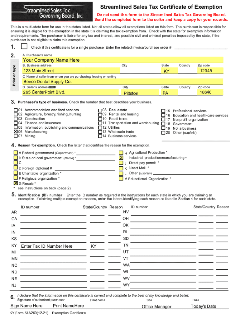 Fillable Online Streamlined Sales Tax Certificate of Exemption Fax ...