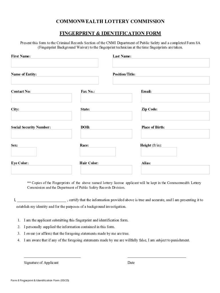 Fillable Online Commonwealth Lottery Commission Fingerprint & Identification Form Fax Email ...