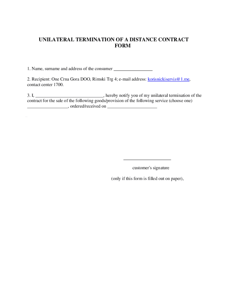 Fillable Online Unilateral Termination of a Distance Contract Fax Email ...