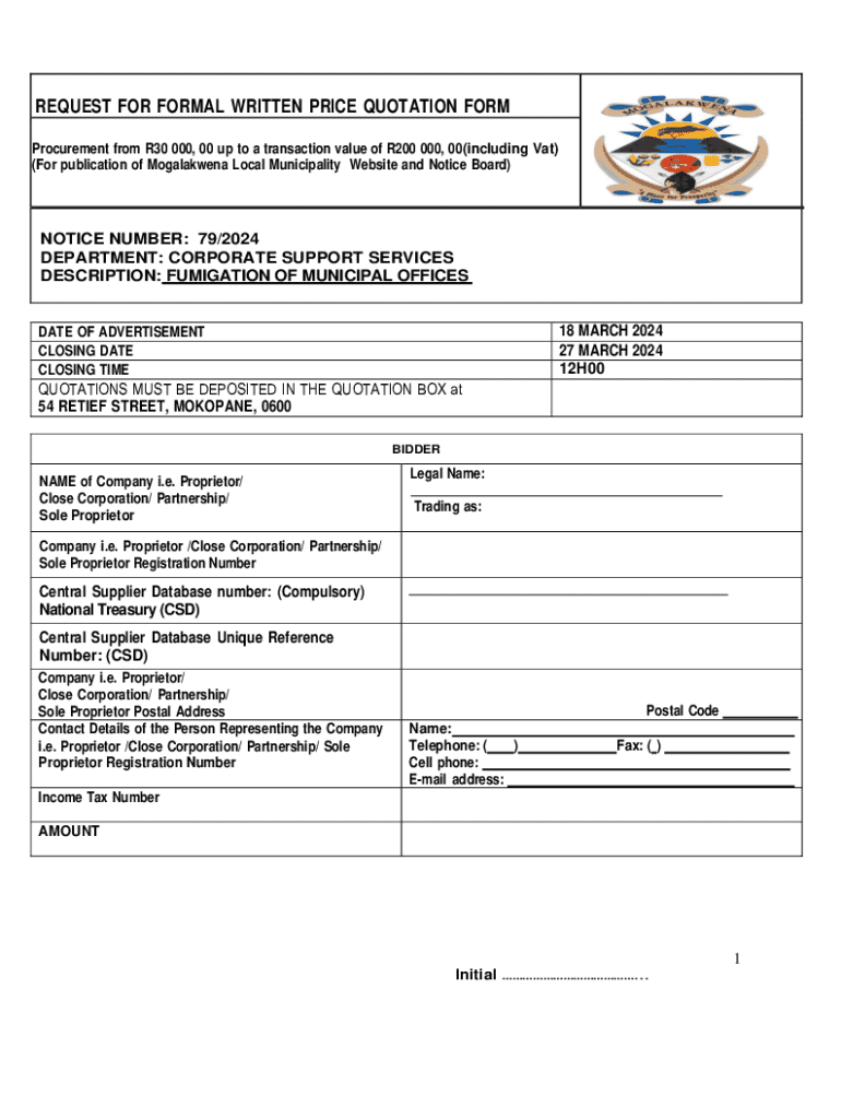 Fillable Online Request for Formal Written Price Quotation Form Fax ...