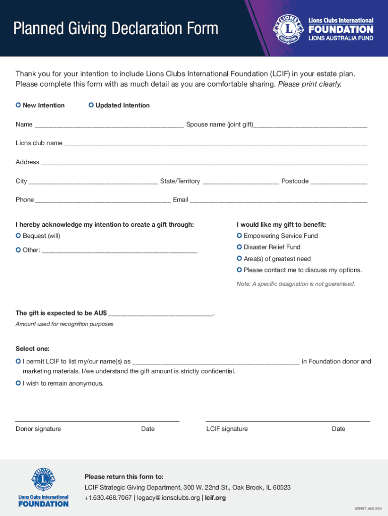 Fillable Online Planned Giving Declaration Form Fax Email Print - pdfFiller