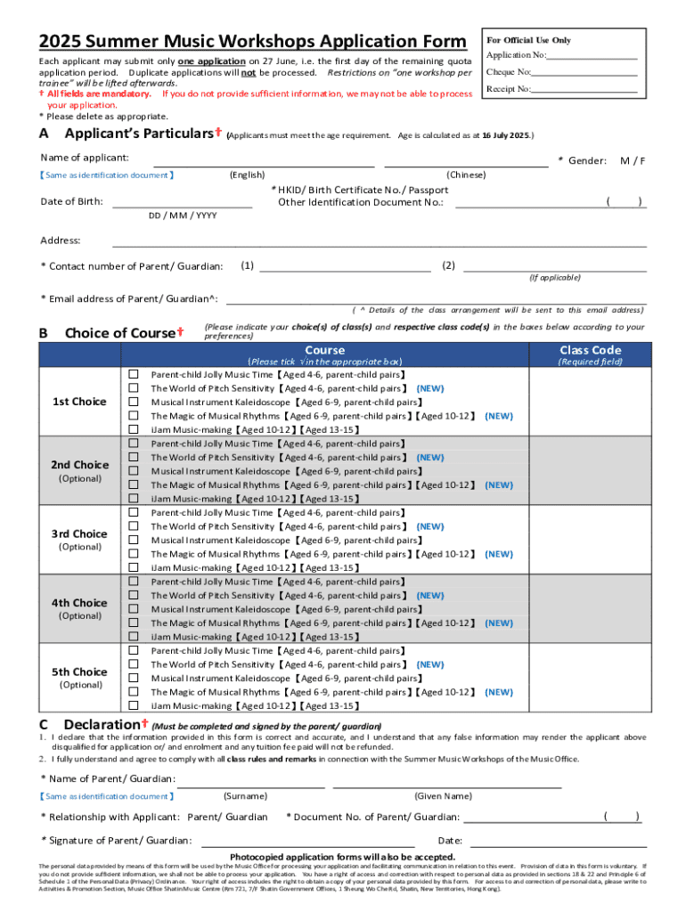 Fillable Online 2025 Summer Music Workshops Application Fax Email Print ...